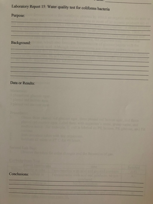 Solved Laboratory Exercise 15: Water Quality Test for | Chegg.com