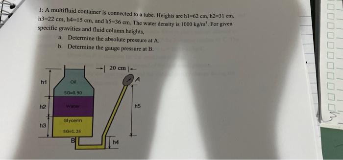 Solved 1: A multifluid container is connected to a tube. | Chegg.com