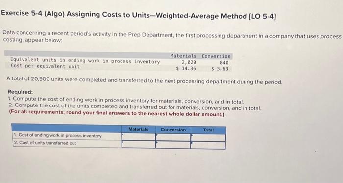 Solved Exercise 5-4 (Algo) Assigning Costs to | Chegg.com