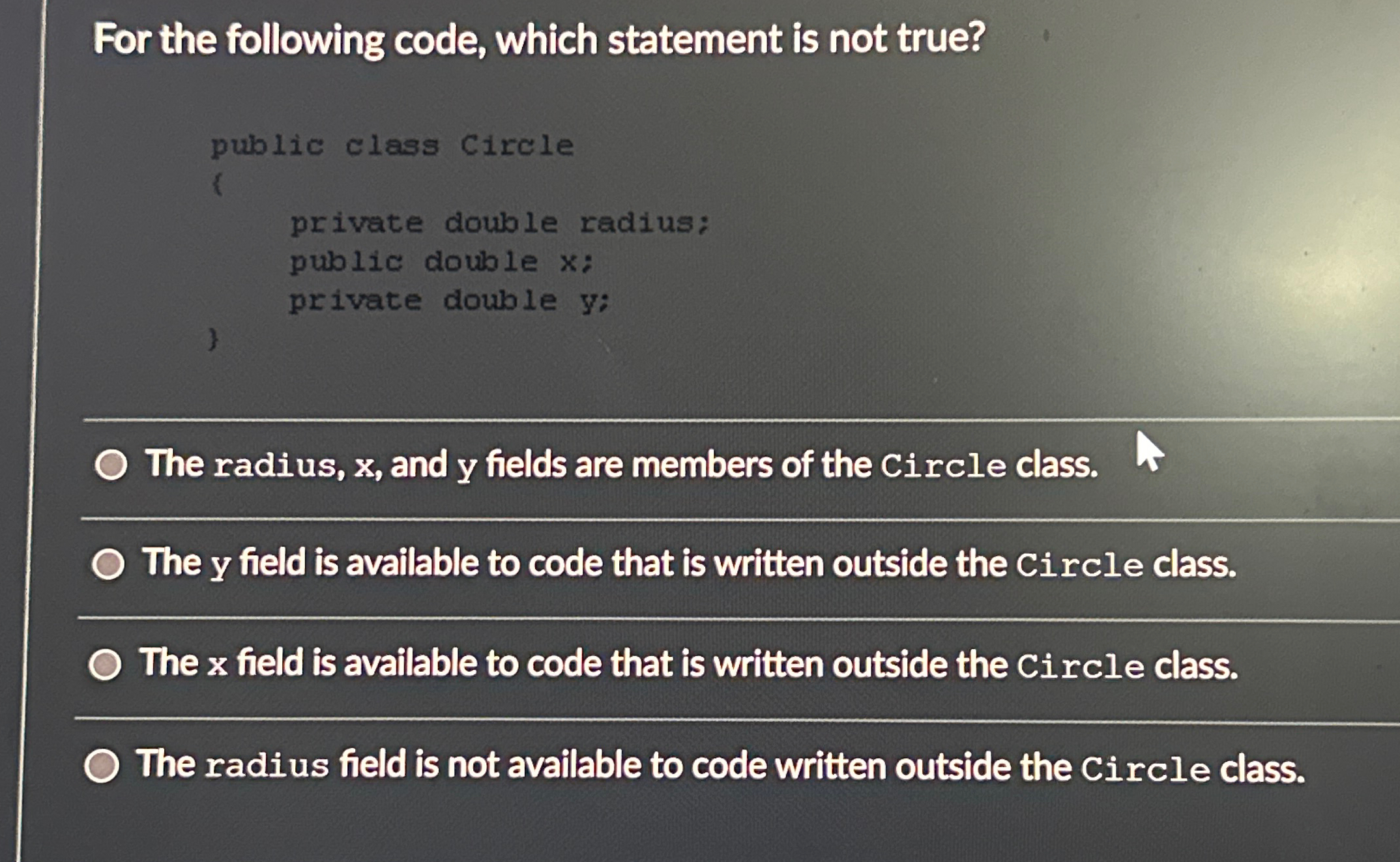 Solved For the following code, which statement is not | Chegg.com