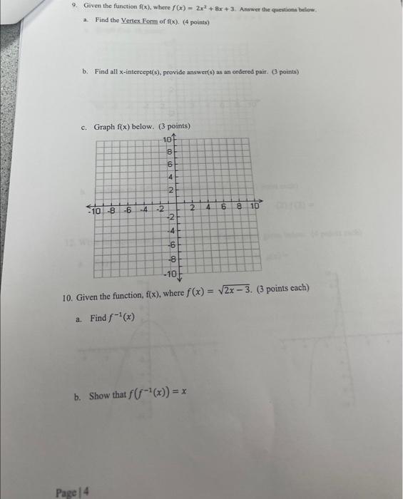 Solved 9. Given the function f(x), where f(x)=2x2+8x+3. | Chegg.com