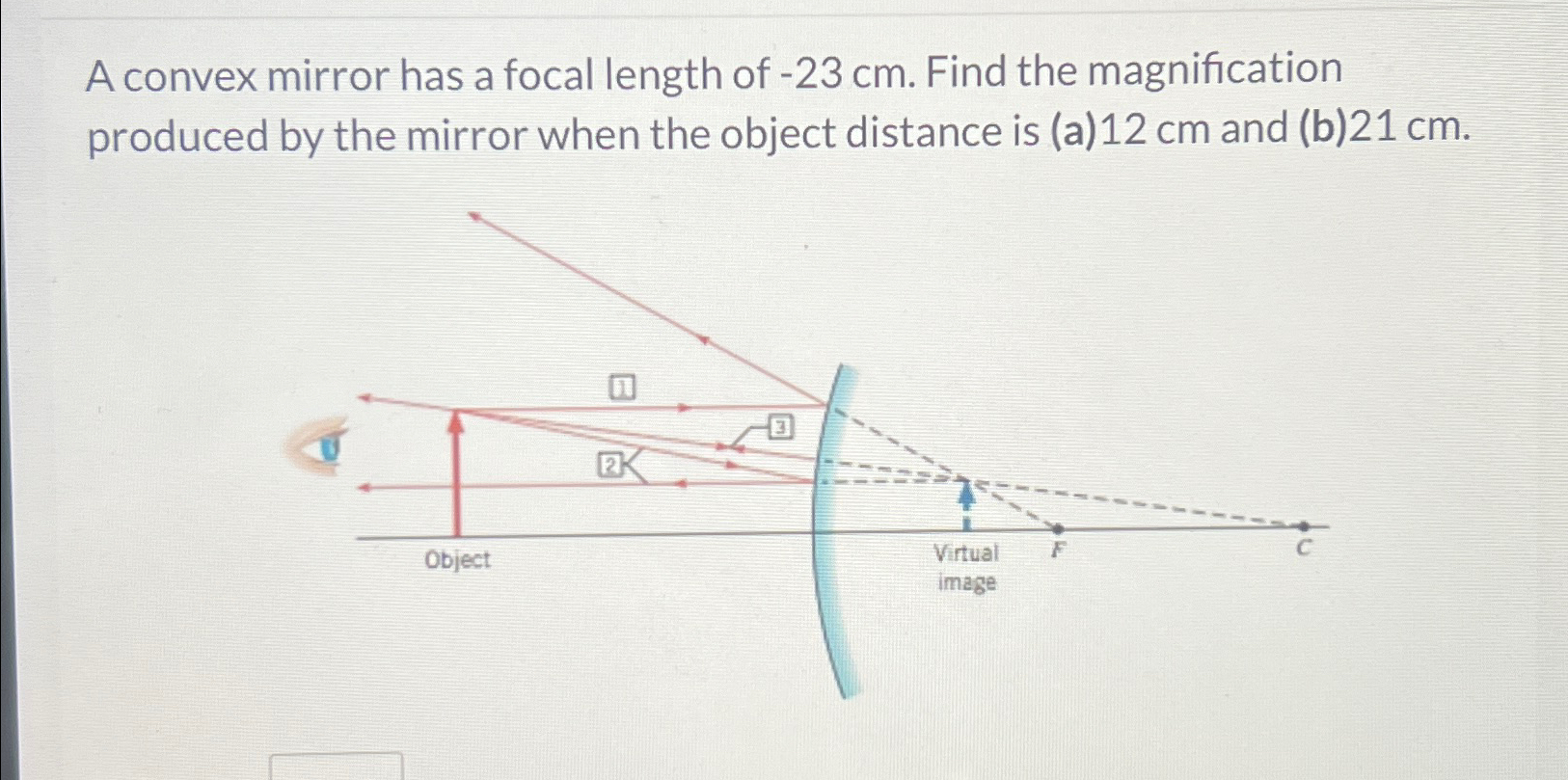 Solved A convex mirror has a focal length of -23cm. ﻿Find | Chegg.com