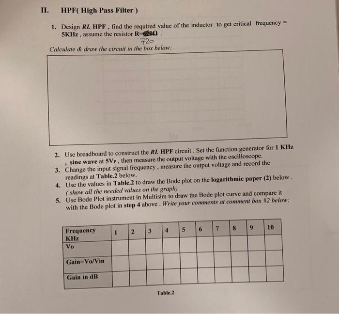 Solved II. HPF( High Pass Filter) 1. Design RL HPF, find the | Chegg.com