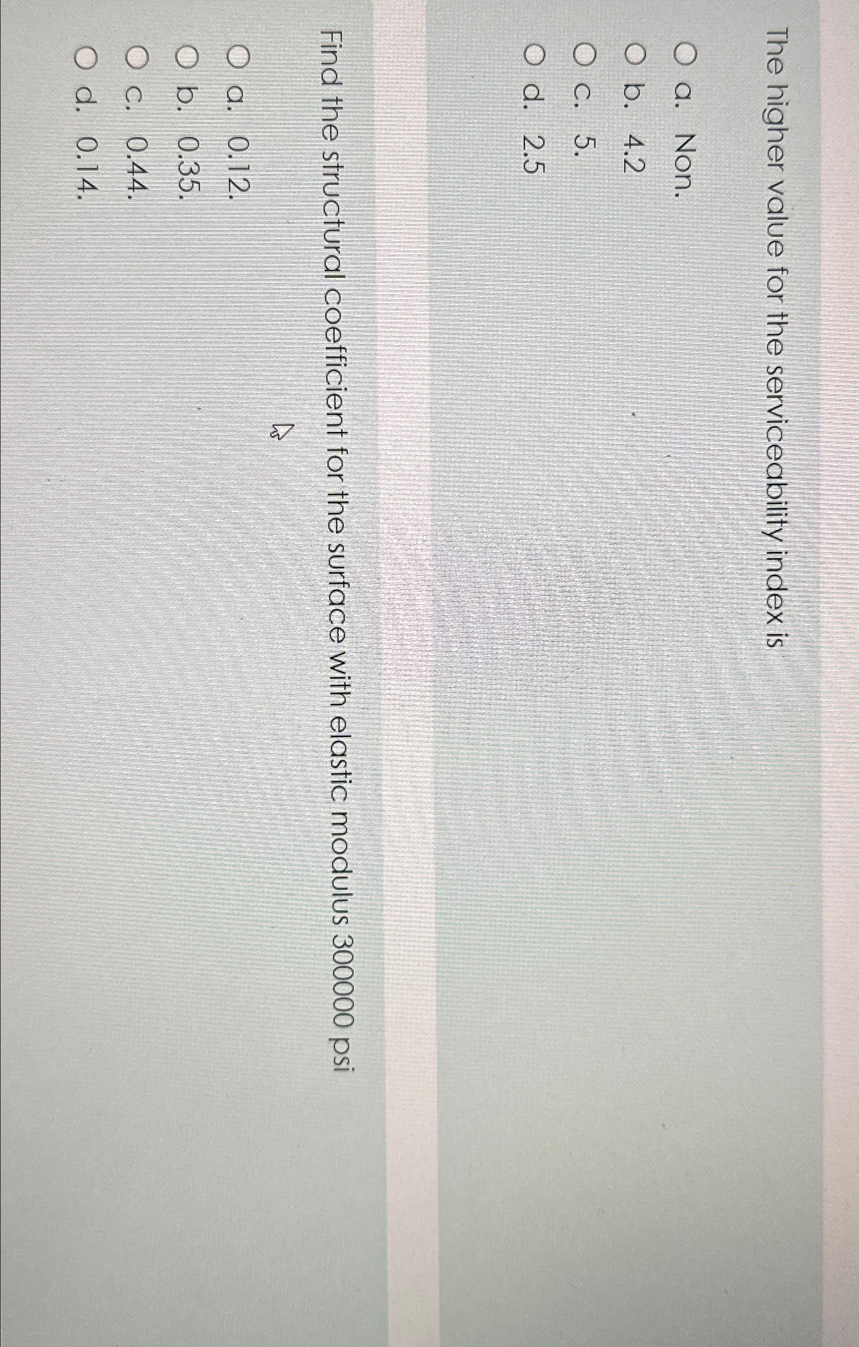 Solved The higher value for the serviceability index isa. | Chegg.com