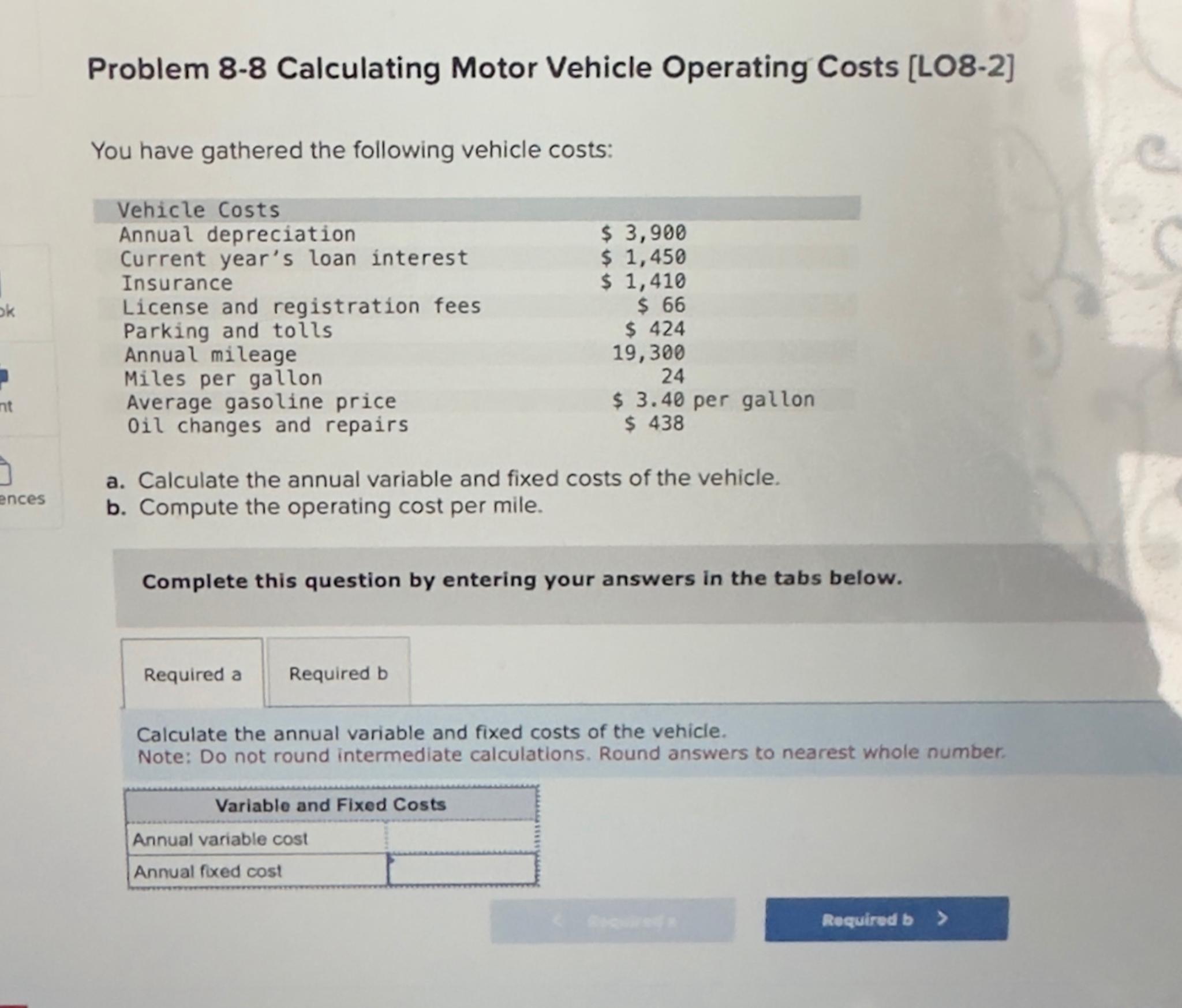 Solved Problem 8-8 ﻿Calculating Motor Vehicle Operating | Chegg.com