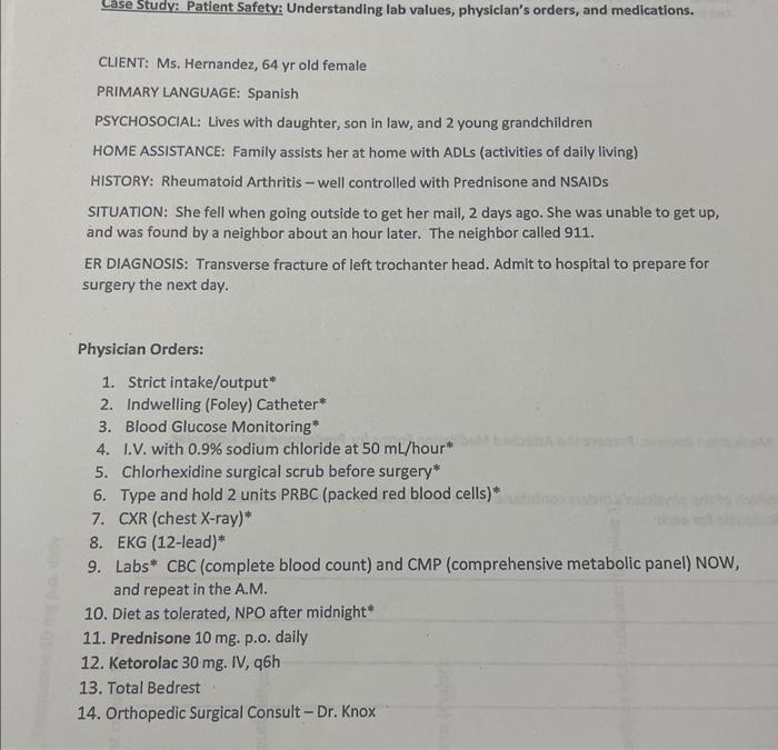Case Study: Patient Safety: Understanding lab values, | Chegg.com
