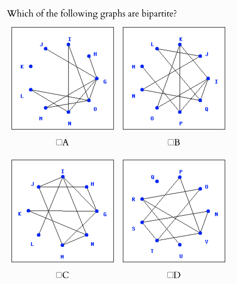 Solved Which of the following graphs are bipartite?ABCD | Chegg.com