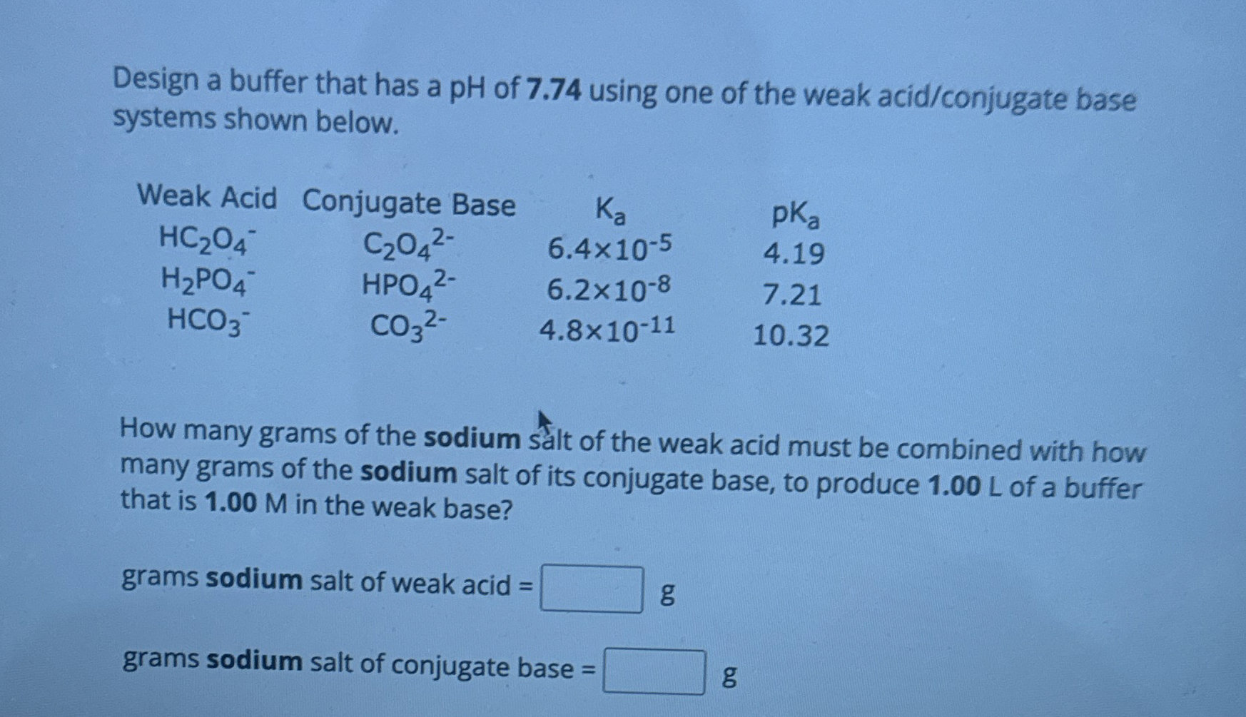 Solved Design a buffer that has a pH of 7.74 ﻿using one of | Chegg.com