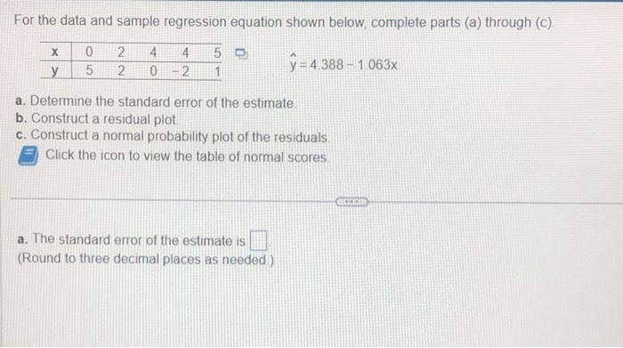 Solved For the data and sample regression equation shown | Chegg.com