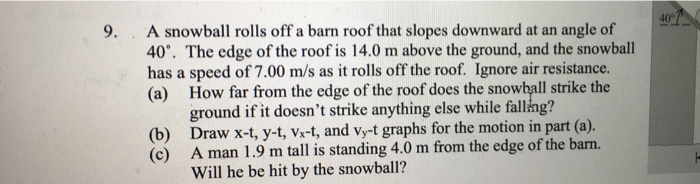 Solved 407 A snowball rolls off a bam roof that slopes | Chegg.com