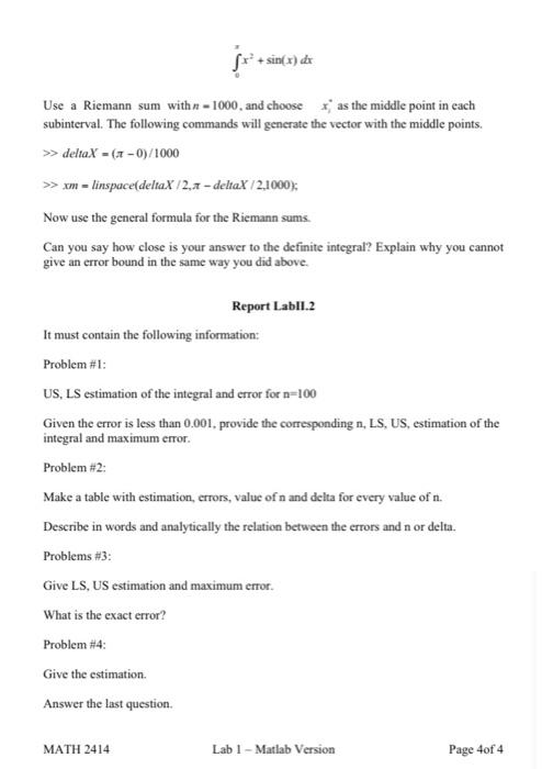 Solved Math 2414 Lab 1 Riemann Sums And Estimation Of 