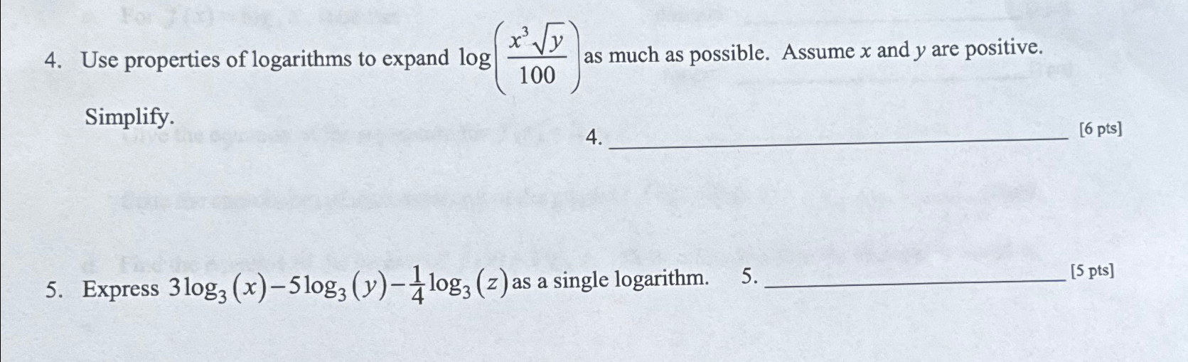 Solved Use properties of logarithms to expand log(x3y2100) | Chegg.com