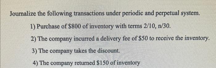 Solved Journalize the following transactions under periodic | Chegg.com