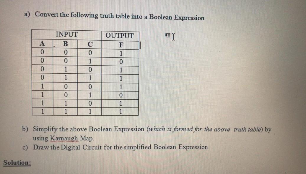Solved a) Convert the following truth table into a Boolean | Chegg.com