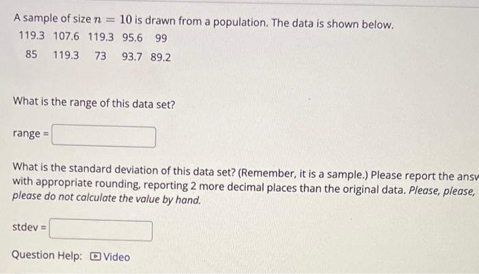 Solved A sample of size n=10 is drawn from a population. The | Chegg.com