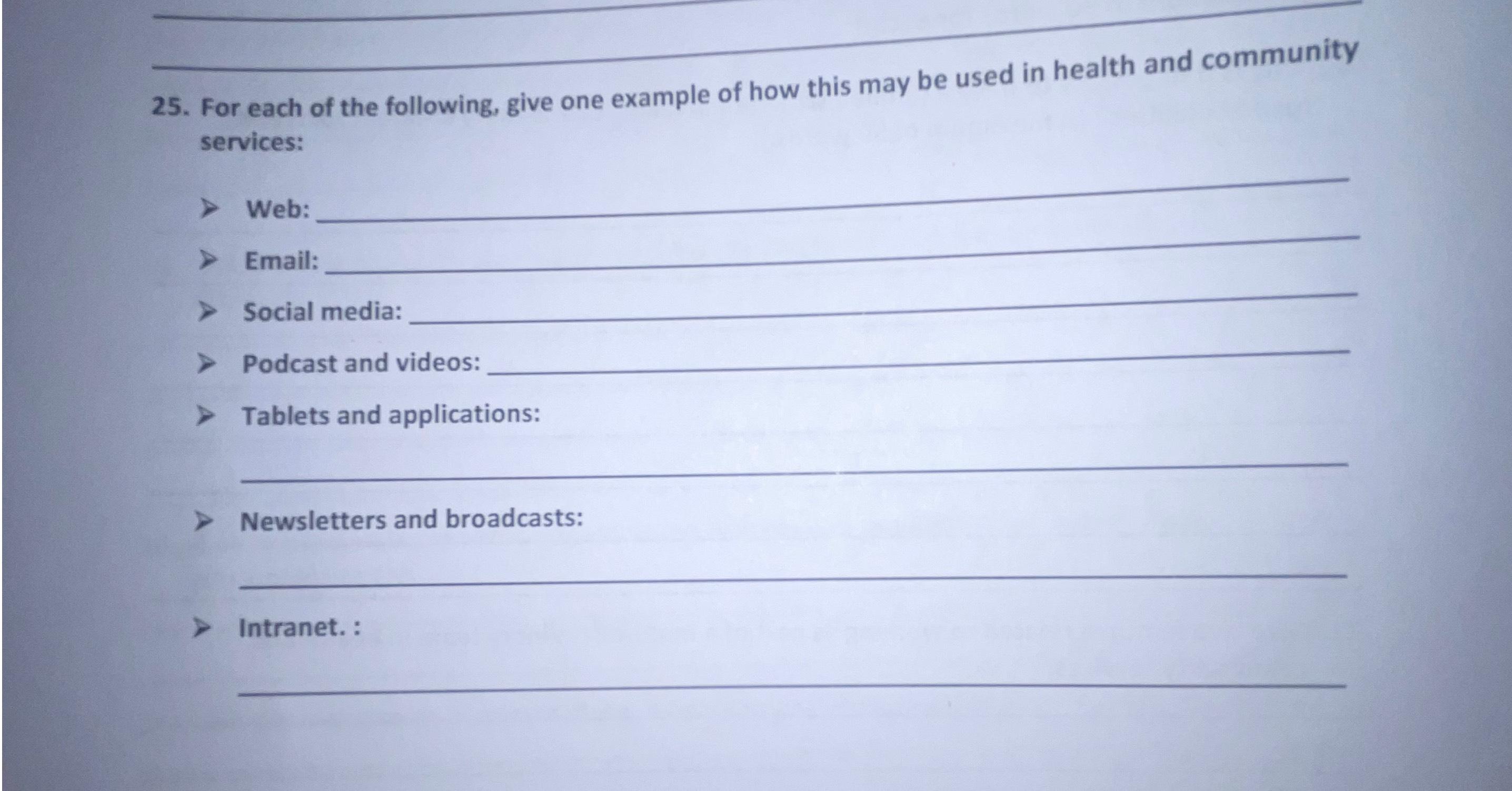 Solved For each of the following, give one example of how | Chegg.com