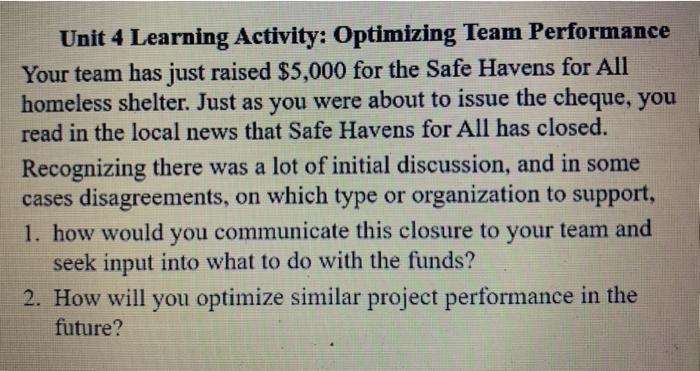 Solved Unit 4 Learning Activity: Optimizing Team Performance | Chegg.com Solved Unit 4 Learning Activity: Optimizing Team Performance | Chegg.com