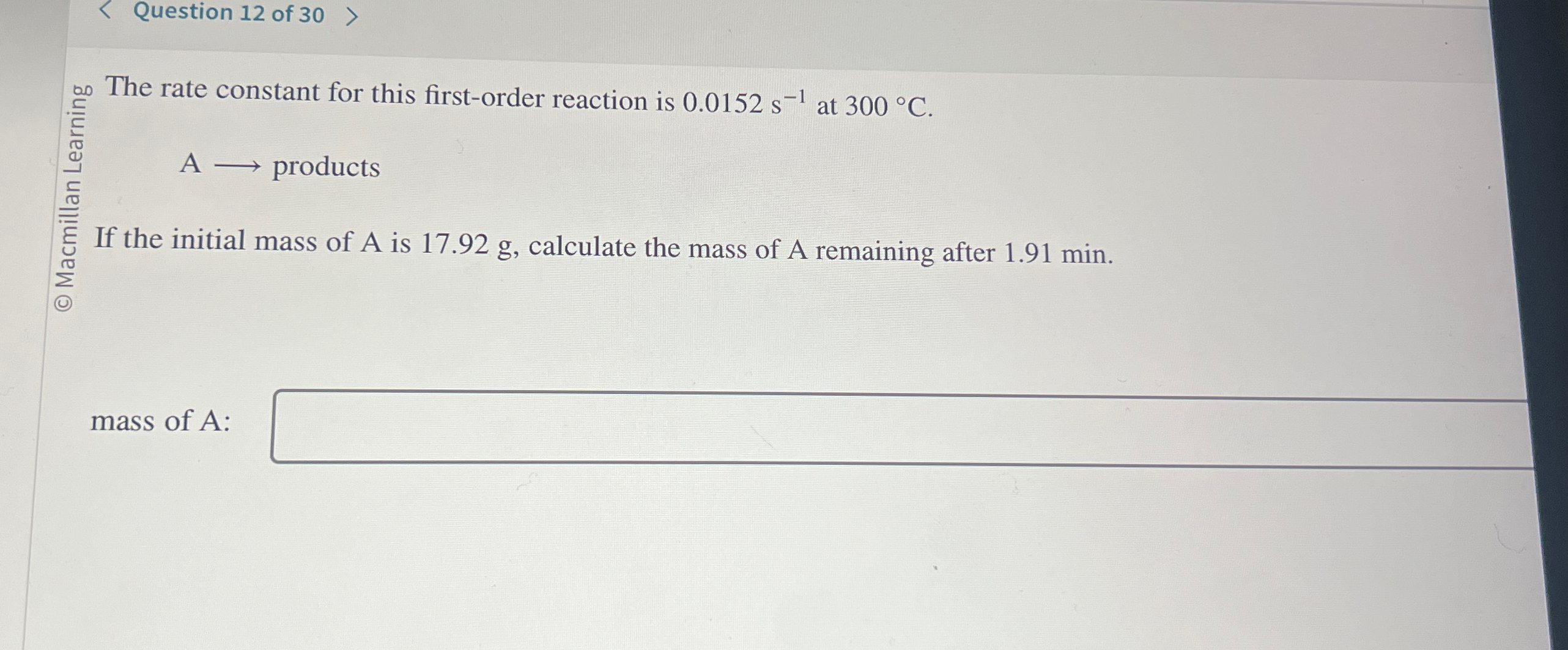 Solved Question 12 ﻿of 30>ab The rate constant for this | Chegg.com