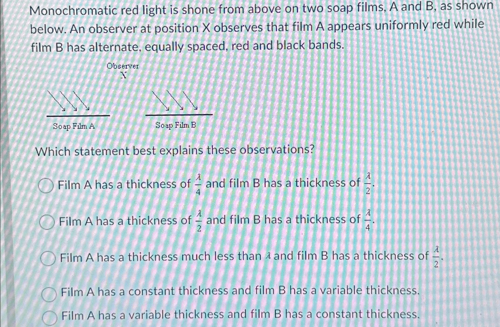 Solved Monochromatic red light is shone from above on two | Chegg.com