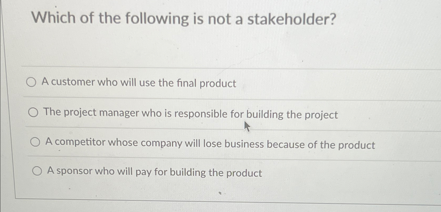 Solved Which of the following is not a stakeholder?A | Chegg.com