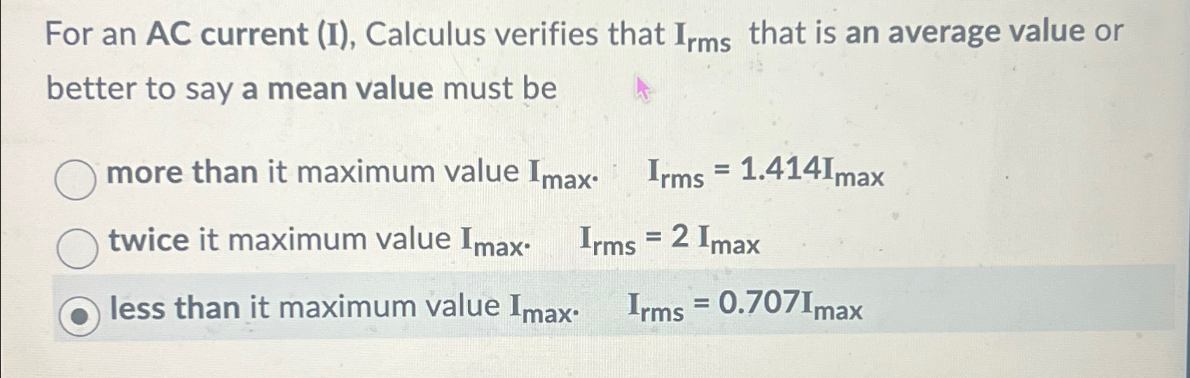 Solved For an AC current (I), ﻿Calculus verifies that Irms | Chegg.com