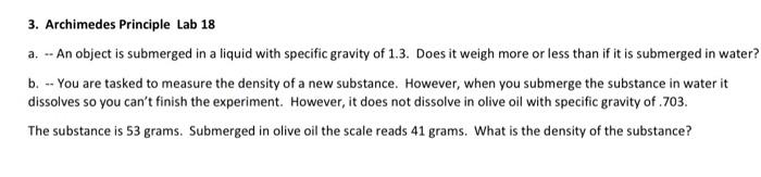 Solved 3. Archimedes Principle Lab 18 a. -- An object is | Chegg.com
