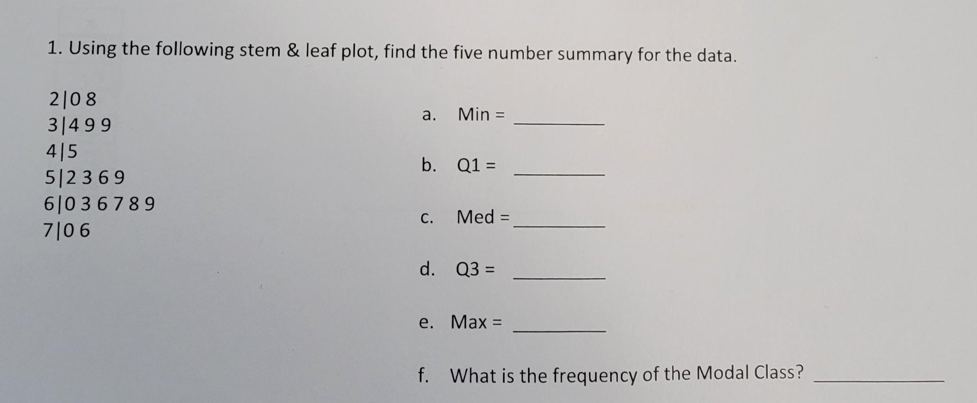 Solved 1. Using the following stem \& leaf plot, find the | Chegg.com
