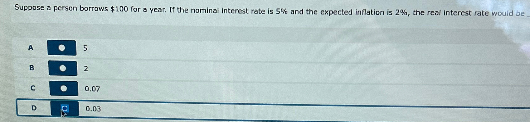 Solved Suppose a person borrows $100 ﻿for a year. If the | Chegg.com