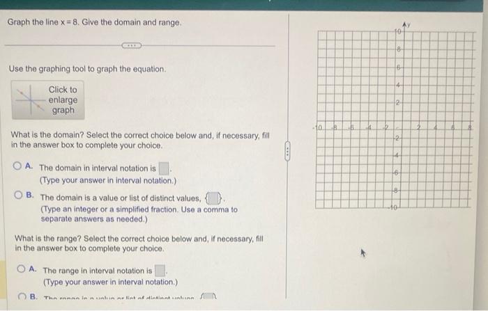 Solved Graph the line x=8. Give the domain and range. Use | Chegg.com