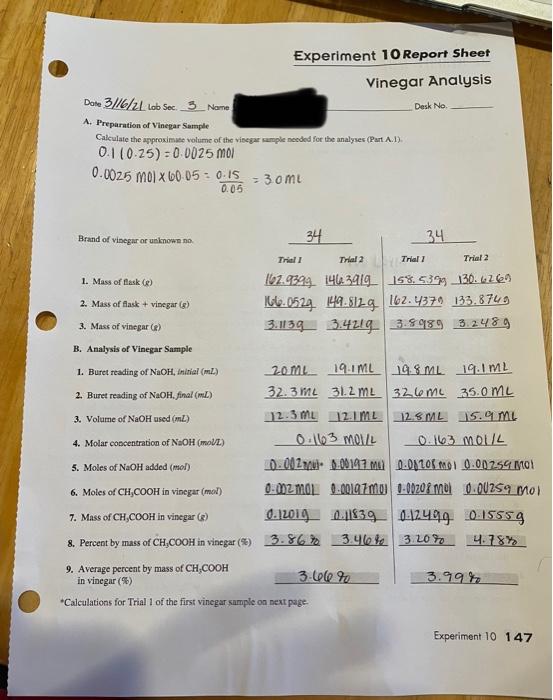Solved Desk No Experiment 10 Report Sheet Vinegar Analysis | Chegg.com