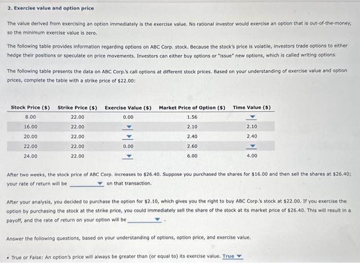 Solved 2. Exercise value and option price The value derived | Chegg.com