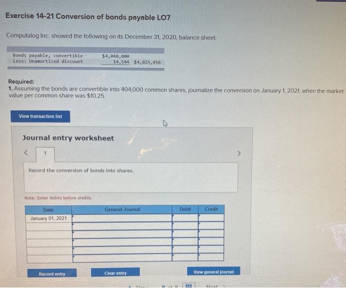 Solved Exercise 14-21 Conversion of bonds payable LO7 | Chegg.com