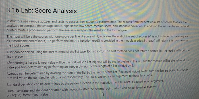 Solved 3.16 Lab: Score Analysis Instructors use various | Chegg.com