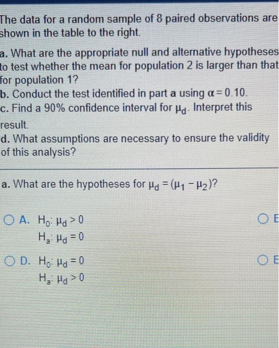 Solved The data for a random sample of 8 paired observations | Chegg.com