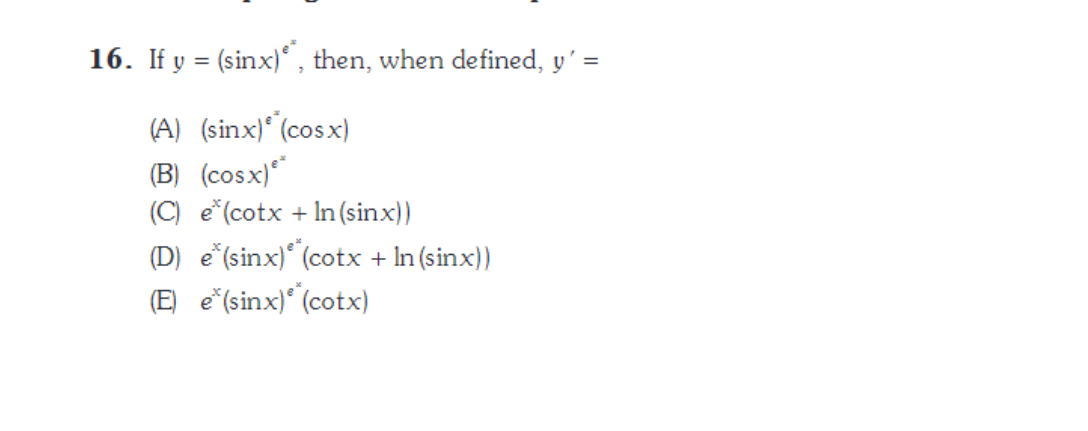 Solved If y=(sinx)eex, ﻿then, when defined, | Chegg.com