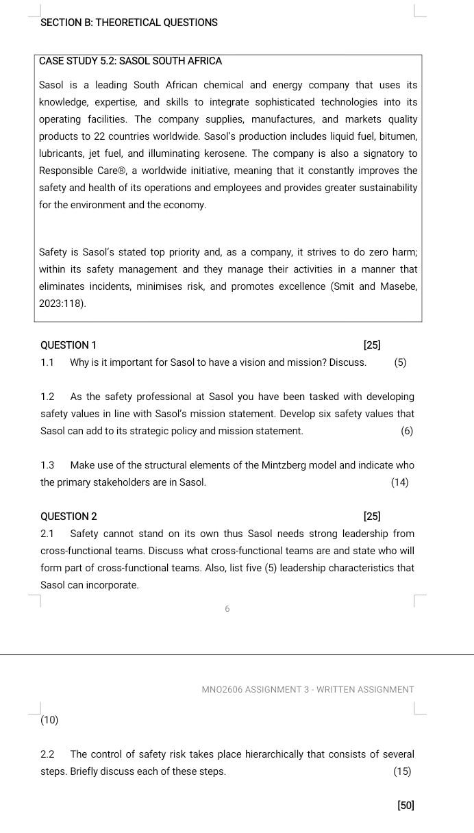 Solved CASE STUDY 5.2: SASOL SOUTH AFRICA Sasol is a leading | Chegg.com