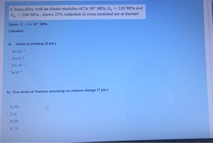 Solved A brass alloy with an elastic modulus of 2x 10 MPa, | Chegg.com