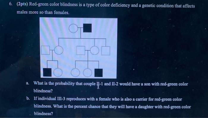 Solved 6. (2pts) Red-green color blindness is a type of | Chegg.com
