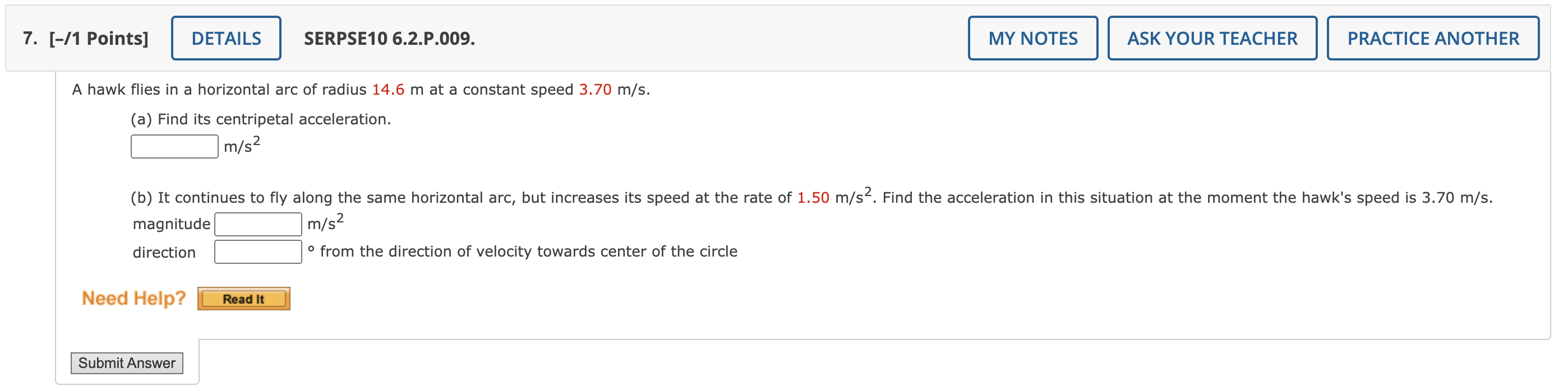 Solved A hawk flies in a horizontal arc of radius 14.6m ﻿at | Chegg.com