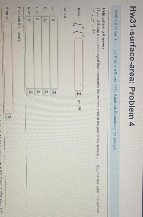 Solved Hw31-surface-area: Problem 4 Problem Value: 1 | Chegg.com