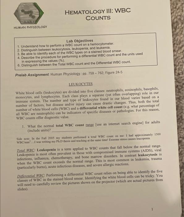 Solved Lab Objectives 1. Understand how to perform a WBC | Chegg.com