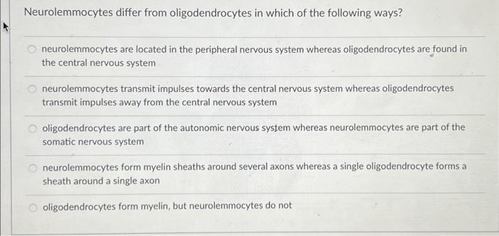 Solved Neurolemmocytes differ from oligodendrocytes in which | Chegg.com