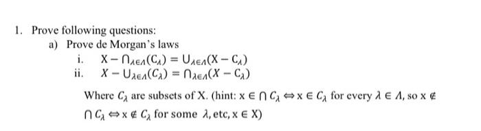Solved Prove following questions: a) Prove de Morgan's laws | Chegg.com Solved Prove following questions: a) Prove de Morgan's laws | Chegg.com