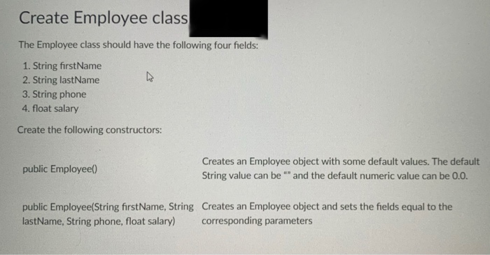 Solved Create Employee class The Employee class should have | Chegg.com