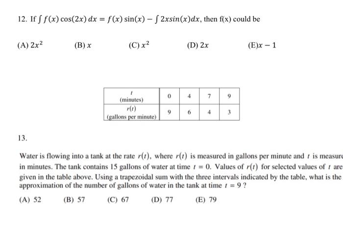 Solved 12. If ∫f(x)cos(2x)dx=f(x)sin(x)−∫2xsin(x)dx, then | Chegg.com