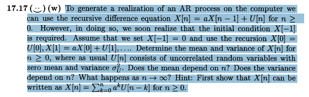 Solved 17.17 (ت) (w) ﻿To generate a realization of an AR | Chegg.com