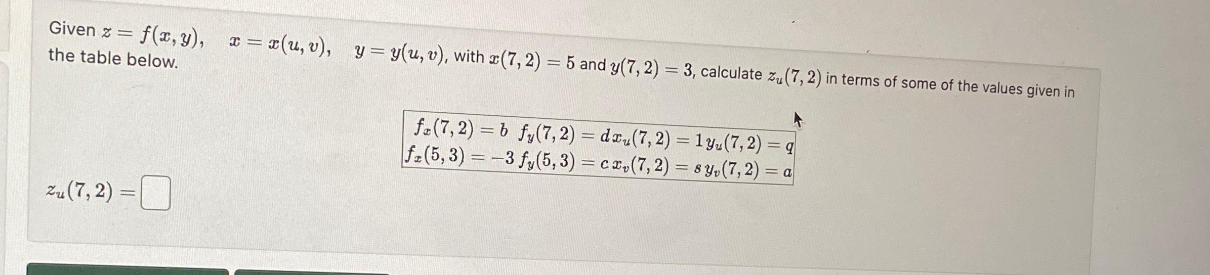 Solved Given z=f(x,y),x=x(u,v),y=y(u,v), ﻿with x(7,2)=5 ﻿and | Chegg.com