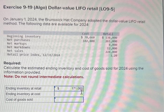 Solved Exercise 9-19 (Algo) Dollar-value LIFO retail [LO9-5] | Chegg.com