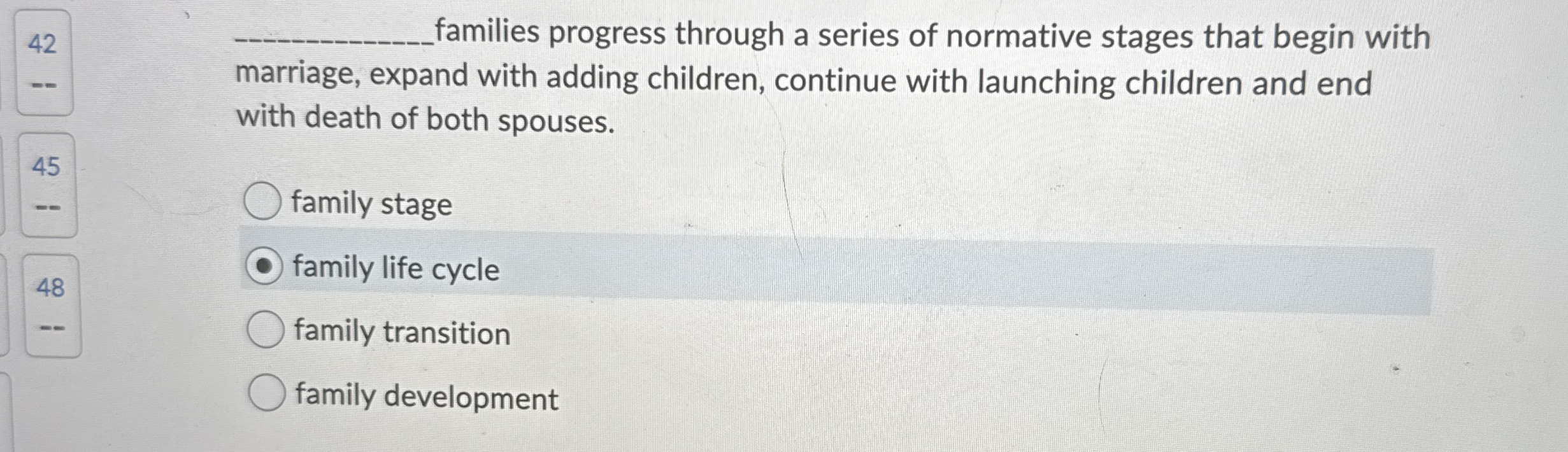 Solved 42q, ﻿families progress through a series of normative | Chegg.com