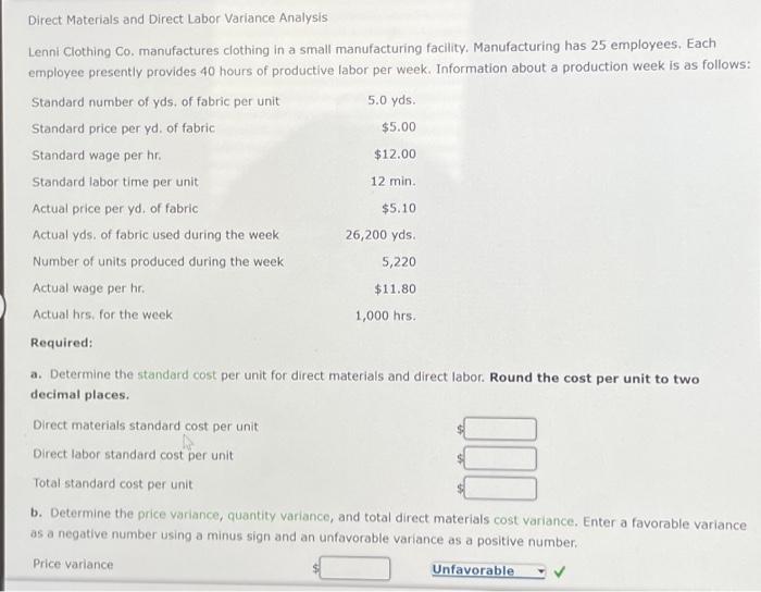 Solved Direct Materials and Direct Labor Variance Analysis | Chegg.com